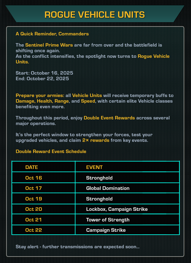 ROGUE VEHICLE UNITS! October 16th 2025 – War of Nations