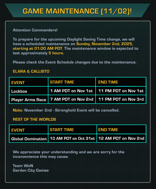 Game Maintenance! November 2nd 2025 – War of Nations